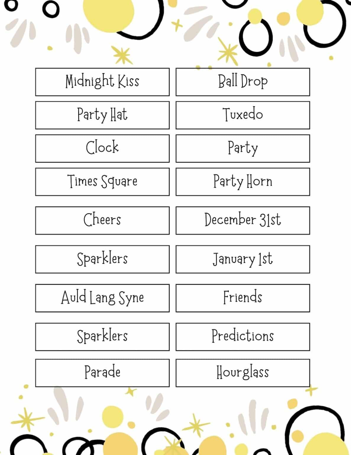 Printable New Year's Eve Games - Food Fun & Faraway Places
